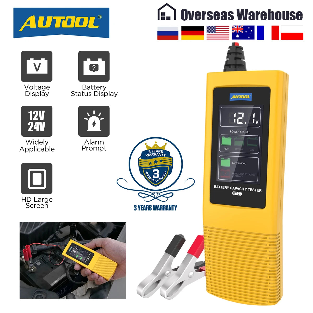 AUTOOL BT70 Car Battery Tester Power Monitor Car Battery Tester 12V 10 ...